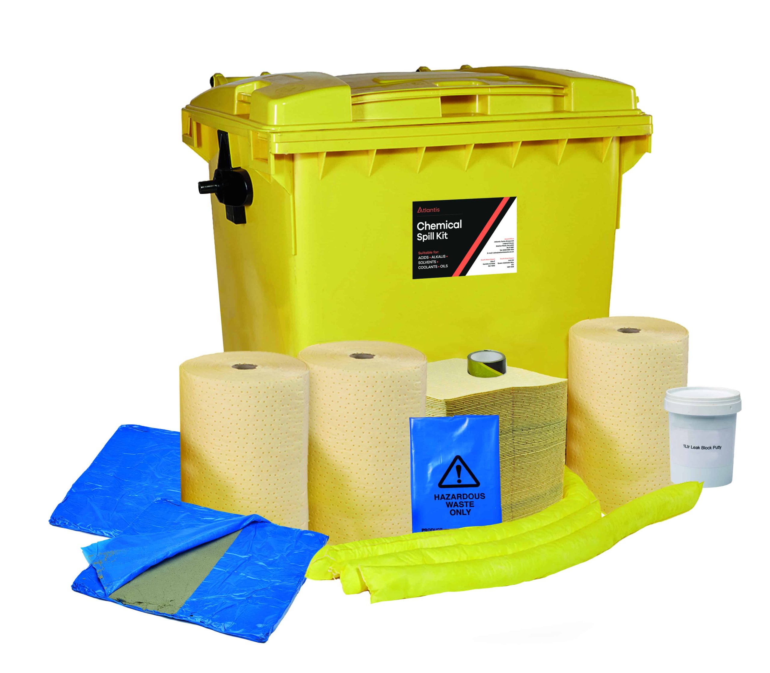 Chemical Absorbent Spill Kit 1100 Litre 4 Wheeled Bin with Drain Cover ...